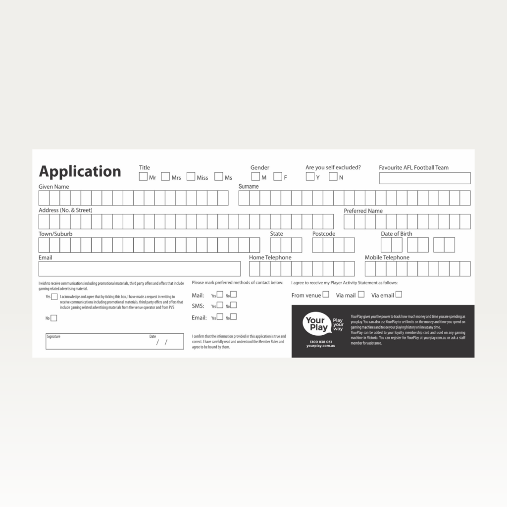Loyalty Application Form Pads - PVS Gaming & Monitoring